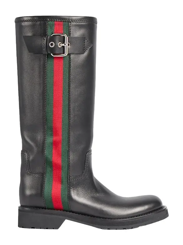 Gucci Biker Boot With Web Leather - Black