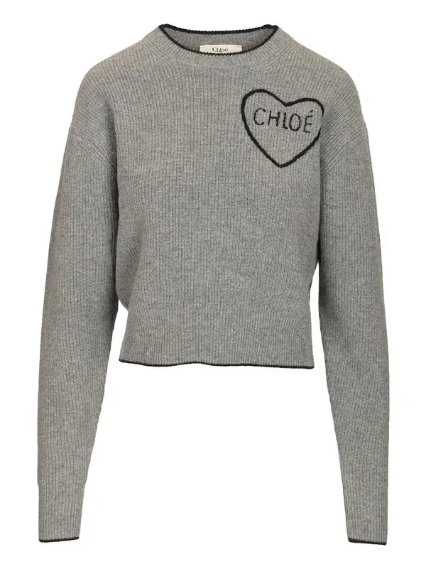 Chloé Ribbed Wool And Cashmere Cropped Fitted Sweater With Embroidered Heart Logo - Gray