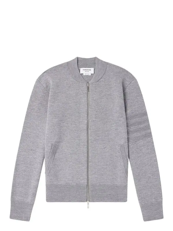 Thom Browne Striped Wool, Linen And Cotton-blend Zip-up Cardigan - Gray