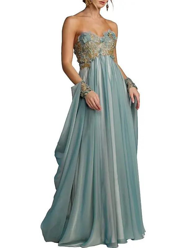 Mac Duggal Strapless Chiffon Gown With Floral Embroidery - Seafoam