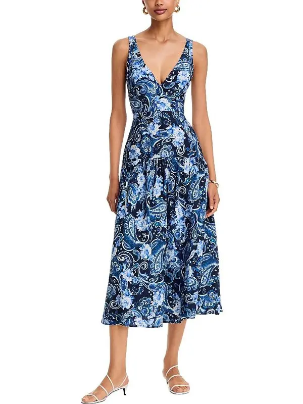 Aqua Paisley Print Drop Waist Midi Dress - Navy Multi