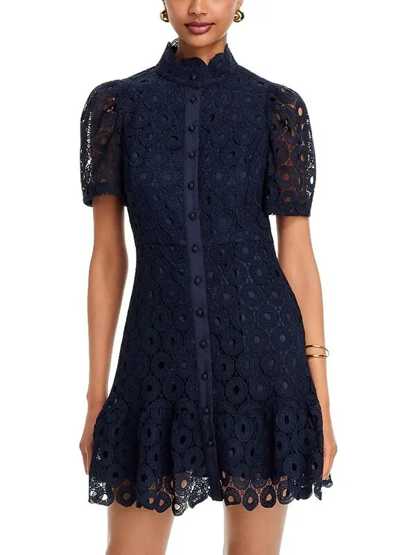 Aqua Geo Lace Short Sleeve Mini Dress - Navy