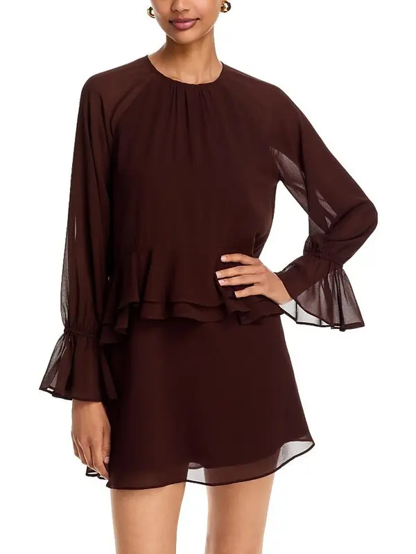 WAYF Faith Long Sleeve Ruffle Mini Dress - Chocolate