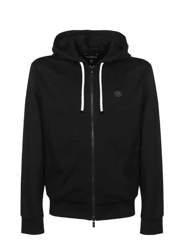 Emporio Armani Logo Patch Zipped Drawstring Hoodie - Black