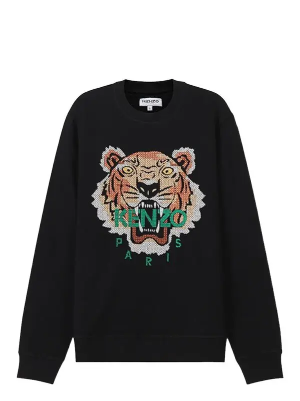 Kenzo Round Collar Long Sleeve Sweater With Tiger Motif - Black