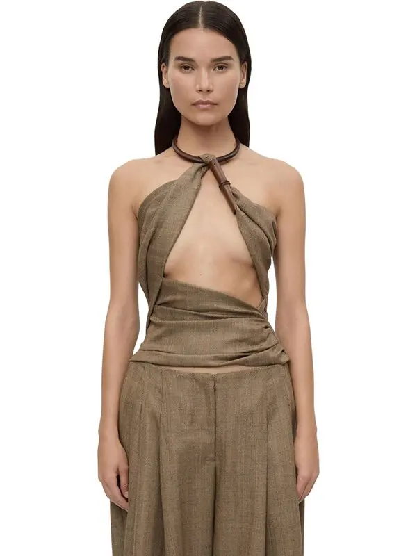 Christopher Esber Chime Necklace Herringbone Halter Top - Brown