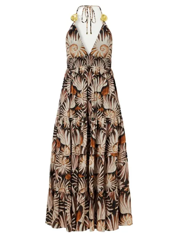 Farm Rio Pleated Backless Midi Dress With Gold Shell Details - Brown