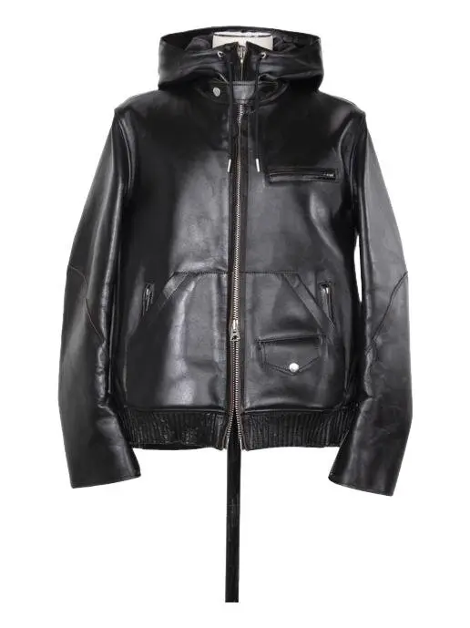 Sacai Leather Blouson With Drawstring Hood - Black