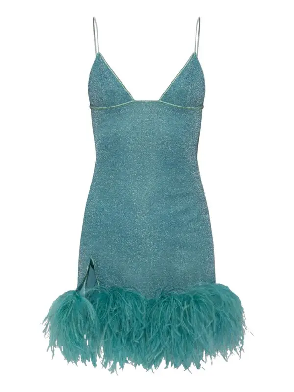 Oseree Feather Embellished Spaghetti Strap Deep V-neck Dress - Blue
