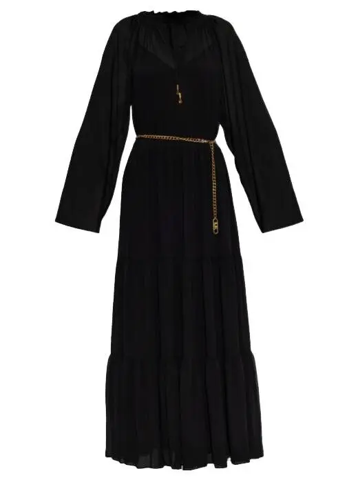 Michael Kors Long Sleeve Tiered Maxi Dress With Chain Belt - Black