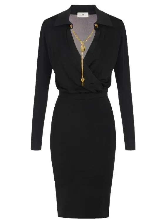 Elisabetta Franchi Long-sleeved Midi Dress With Gold-tone Hardware - Black