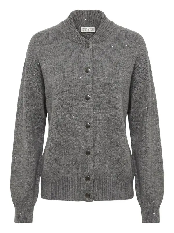 Brunello Cucinelli Long-sleeved Crewneck Cardigan With All-over Sequin Embellishment - Gray