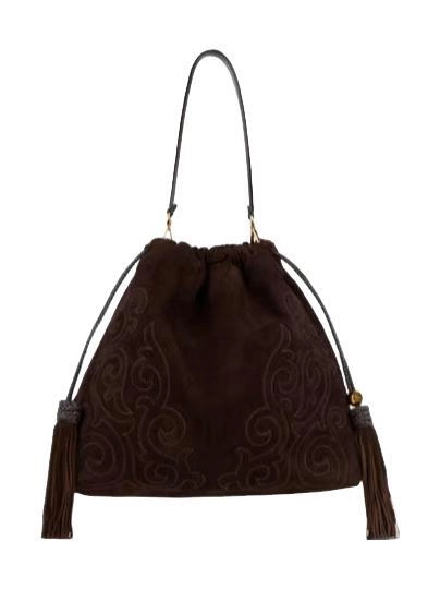 Etro Large Suede Kalispera Bag With Patch And Tassels - Dark Brown