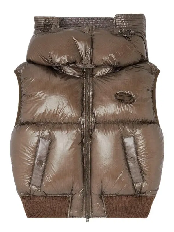 DIESEL® Down Vest In Ripstop With Detachable Hood - Brown
