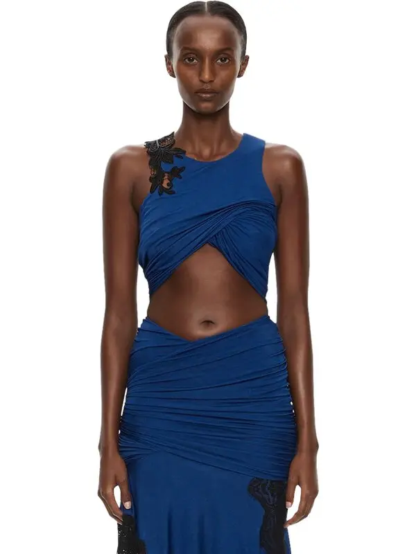 Christopher Esber Hibiscus Embroidered Asymmetrical One-shoulder Cropped Tank - Black