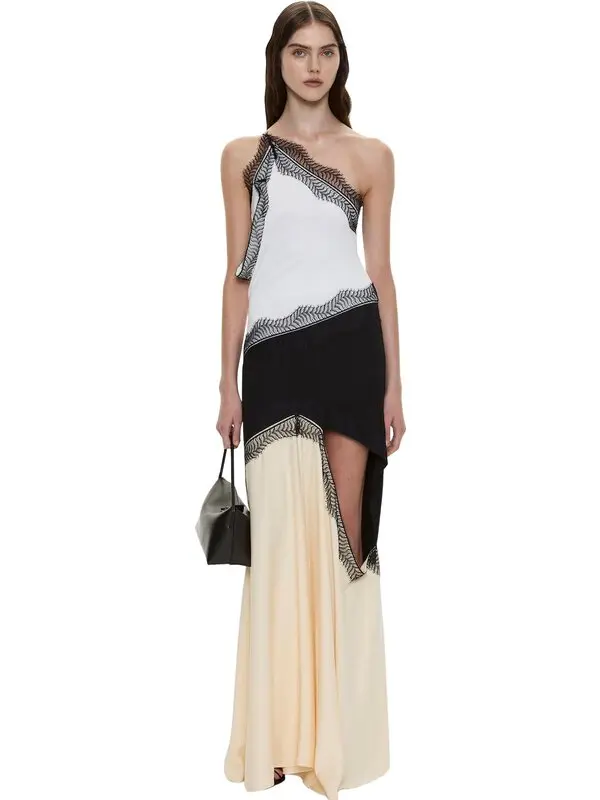 Christopher Esber Keira Split Lace One-shoulder Cutaway Gown - Silver