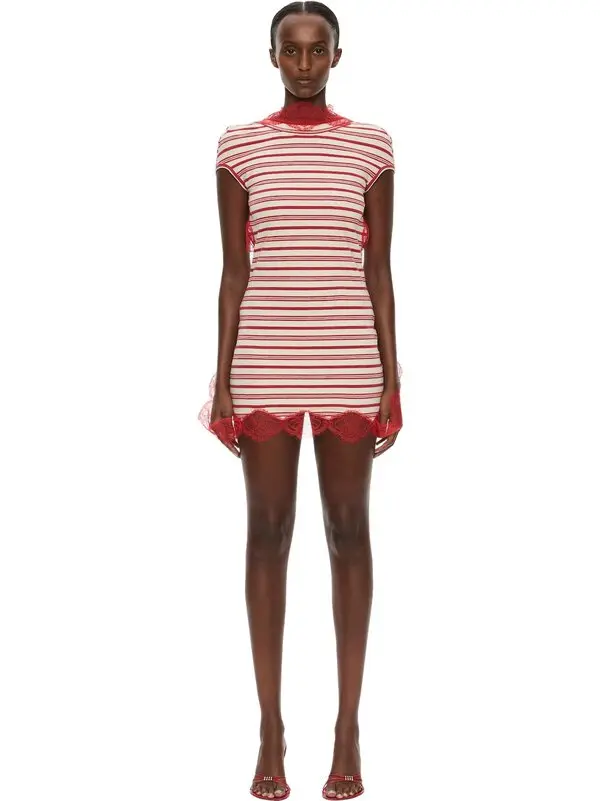 Christopher Esber Stripe Jersey Lace Trimmed Tee Dress - Red