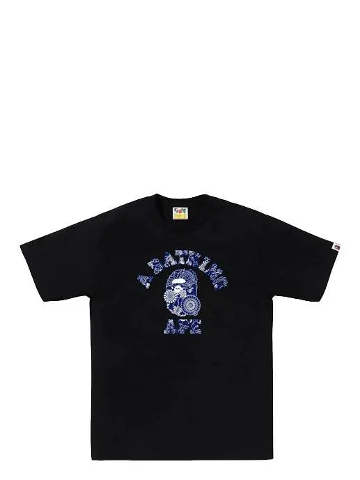 A BATHING APE Japanese Indigo Art Camo College Tee Shirt - Black/navy Blue