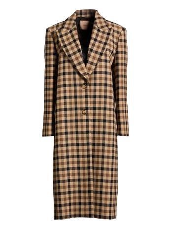 TWINSET Single-breasted Checked Long Coat - Camel