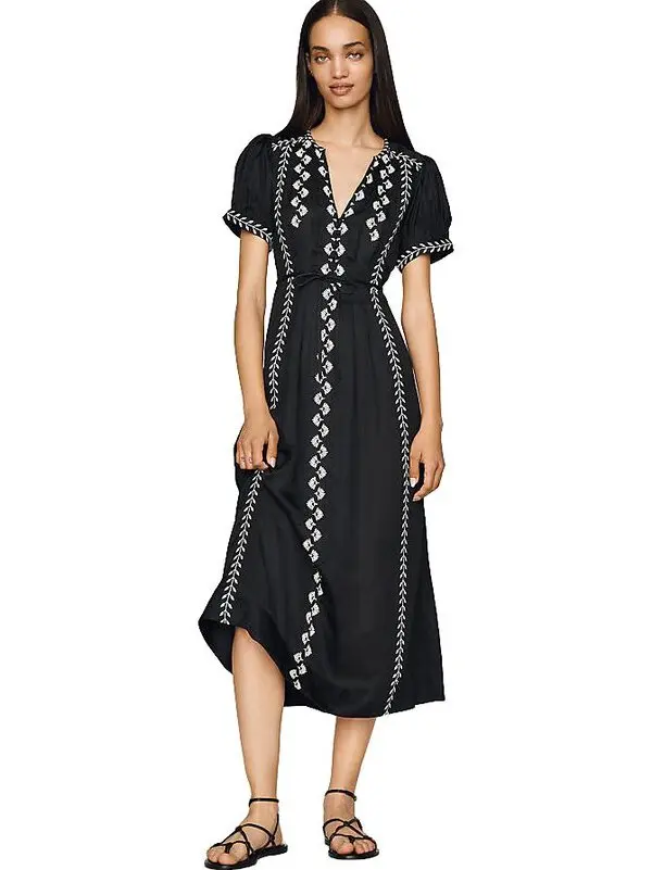 Anthropologie Sat Embroidered Midi Dress - Black