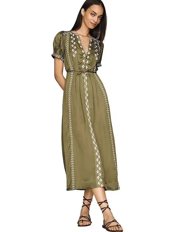 Anthropologie Sat Embroidered Midi Dress - Olive
