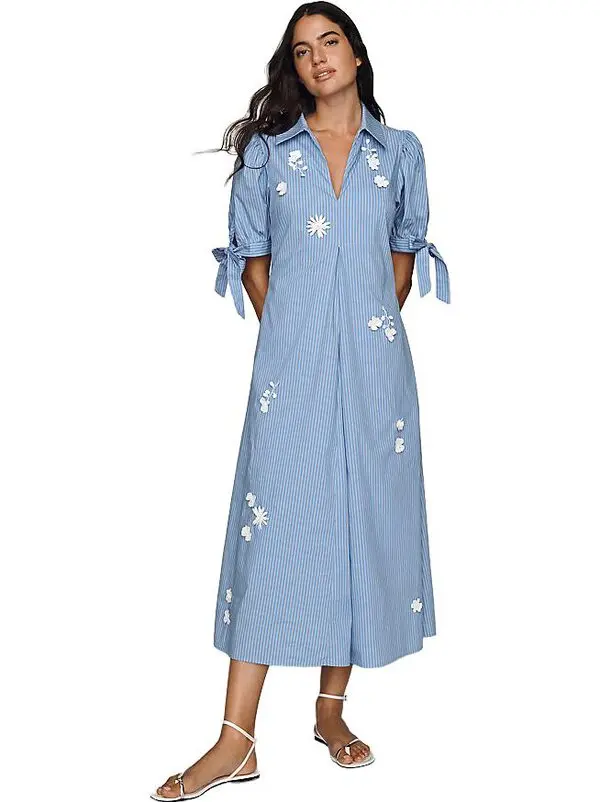 English Factory Floral Applique Midi Dress - Blue Stripe