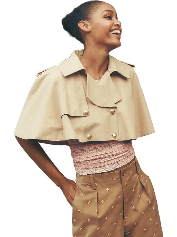 Maeve Cropped Trench Cape Jacket - Tan