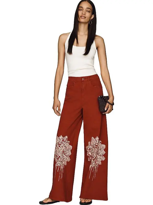 PILCRO Prted Lacework Wide-leg Pants - Red Pattern