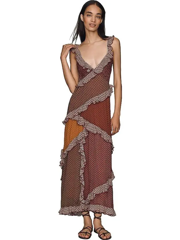 Anthropologie Patchwork Ruffle Midi Dress - Pink Pattern