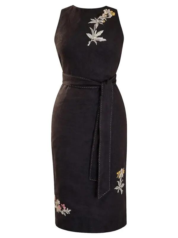 EXQUISE Julieta Midi Dress With Floral Embroidery - Black