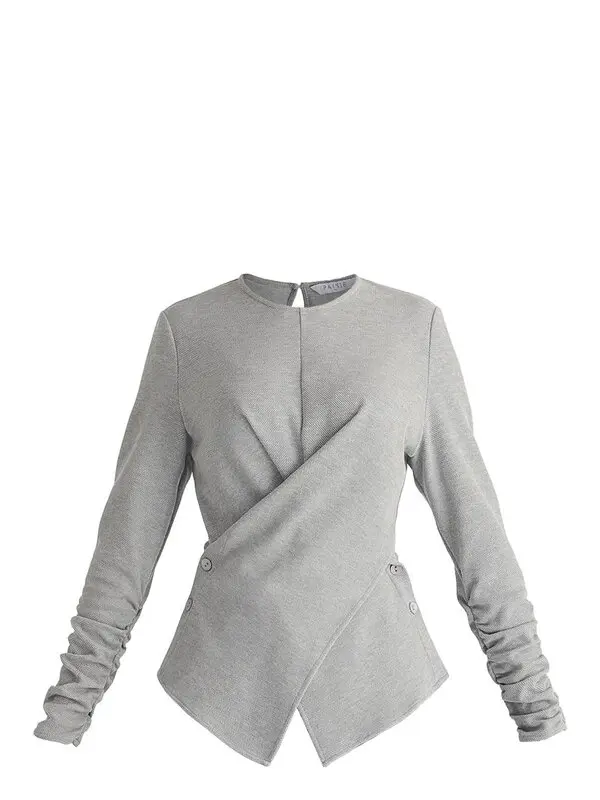 PAISIE Wrap Top With Ruched Sleeves - Grey