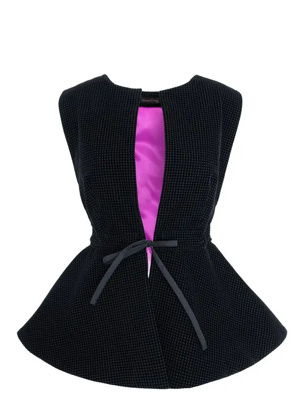 CONCEPT A TROIS Peplum Vest With Waist Tie And Velvet Detail - Black
