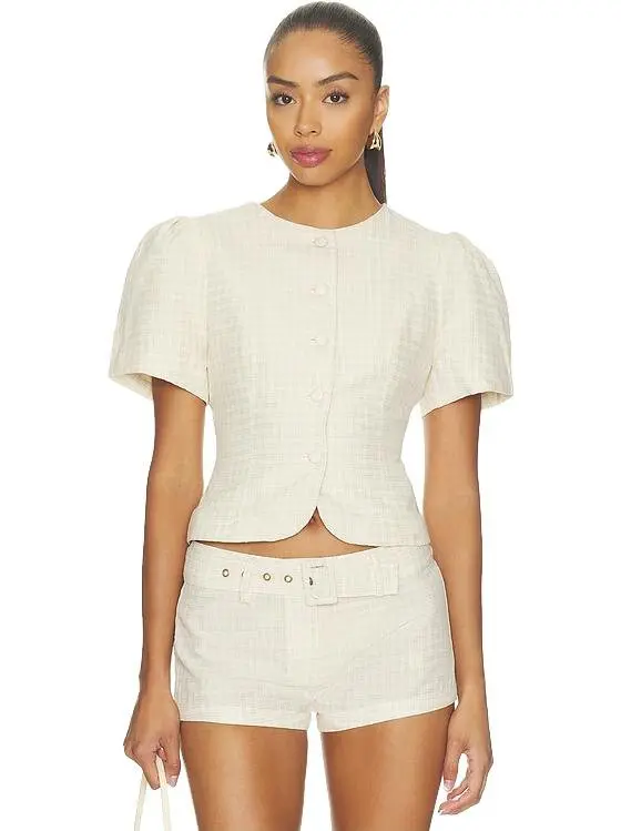 Lioness Femme Blouse Puff Sleeve Cropped Top - Beige Check