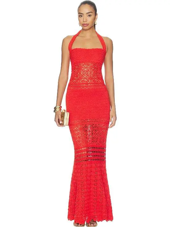 Retrofete Peggie Crochet Halterneck Maxi Dress - Geranium