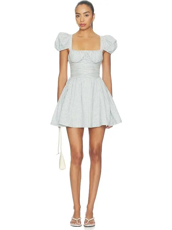 For Love & Lemons Saltwater Striped Linen Puff Sleeve Mini Dress - Blue