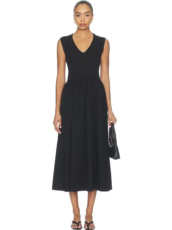 Sold Out NYC V-neck Rib Jersey Dress With Poplin Skirt - Black