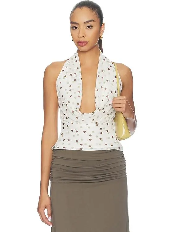 MORE TO COME Zemira Halter Top In Polka Dot Print - Ivory Polka Dot