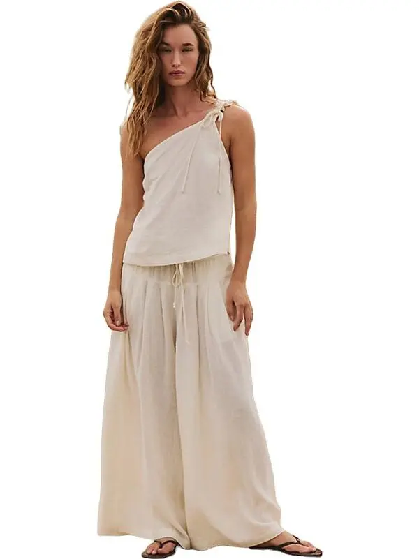 Free People One-shoulder Linen Top And Wide-leg Pant Set - Moonglow