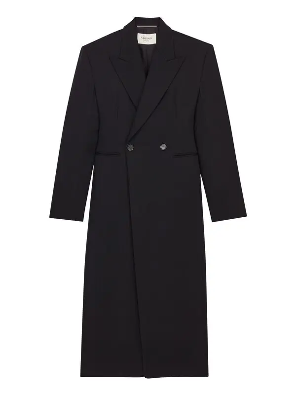 Saint Laurent Long Grain De Poudre Wool Coat - Noir