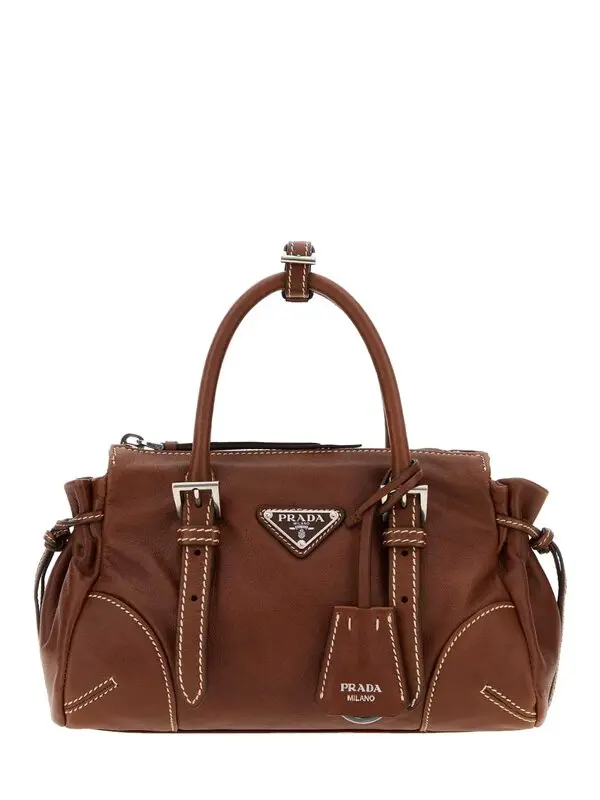 Prada Small Karin Leather Handbag With Silver Tone Finishing - Brown