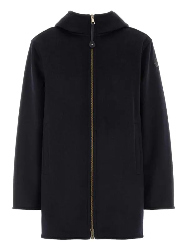 Moncler Wool Blend Zip-up Jacket With Hood - Blue