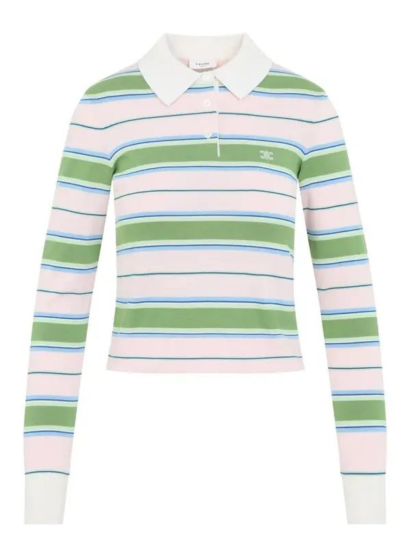 Celine Striped Cotton Polo Knit Sweater - Green