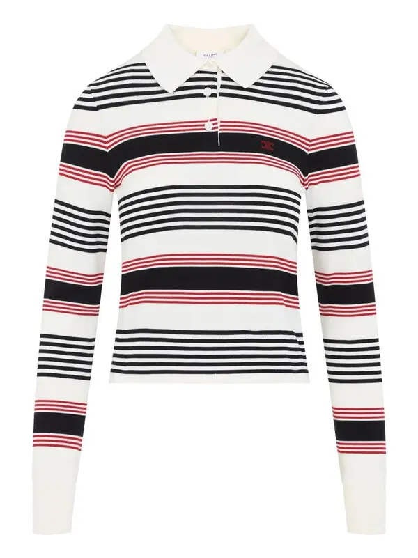 Celine Striped Cotton Polo Knit Sweater - White
