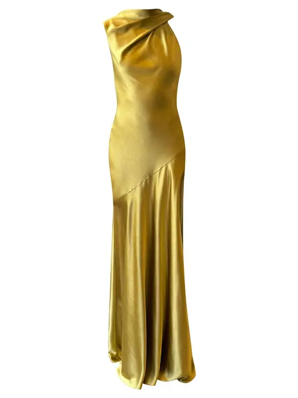 Amsale Satin Asymmetric Drape Gown - Yellow