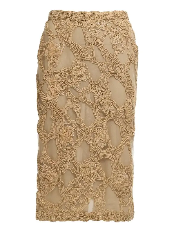 Elie Saab Raffia-embroidered Silk-blend Midi Pencil Skirt - Tan