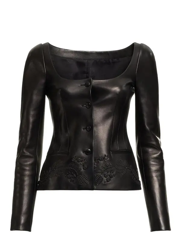 Elie Saab Embroidered Leather Scoop Neck Jacket - Black