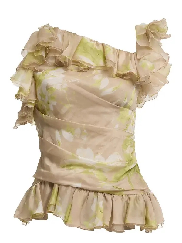 Elie Saab Ruffled One-shoulder Silk Chiffon Top - Floral