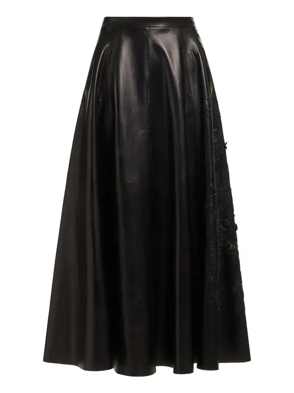 Elie Saab Embroidered Leather Maxi Skirt - Black
