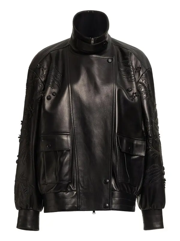 Elie Saab Embroidered Leather Bomber Jacket - Black