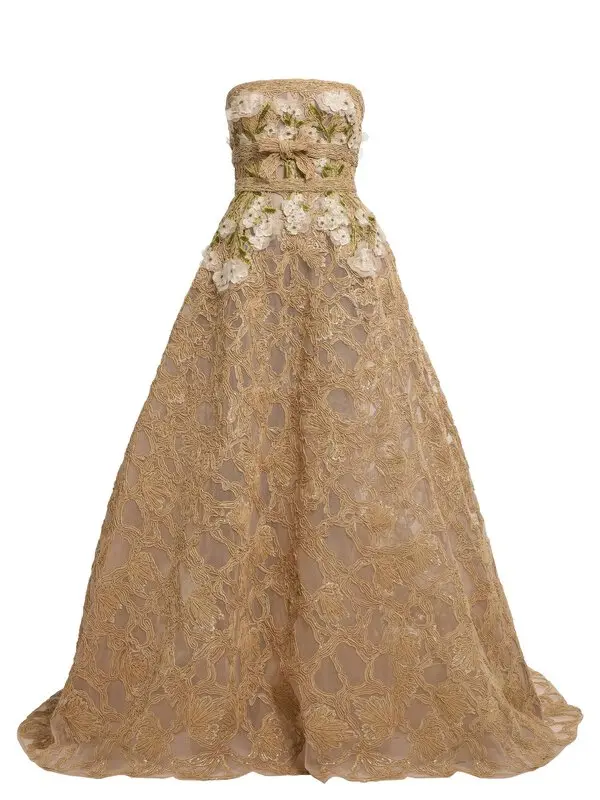 Elie Saab Floral-embellished Raffia-embroidered Gown - Nude
